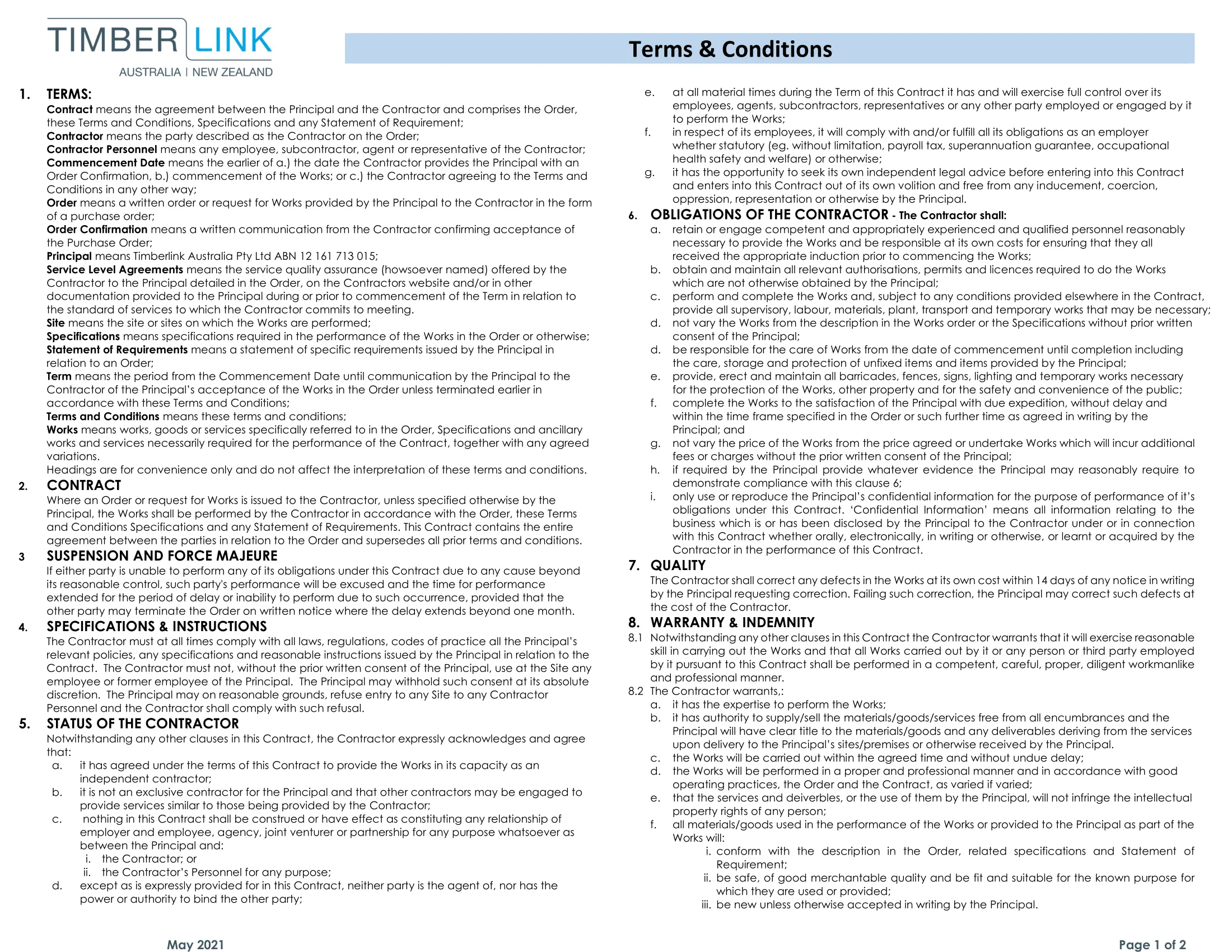 Contractor terms and conditions - Timberlink Australia